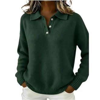 Generic Pull classique boutonn&eacute; &agrave; col en V pour femme - Col en V - Automne et hiver - Pull tricot&eacute; &agrave; manches longues, vert militaire, XXL