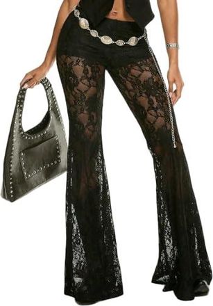 Generic QXDZSW Pantalon en dentelle taille haute pour femme en forme de cloche Pantalon tendance &eacute;vas&eacute; &agrave; jambe large pour le printemps, a, L