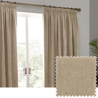 furn. Yard Heavy Chenille Bleistiftfaltenvorhang Paar - Raumverdunkelungsvorhang aus weichem Samt in erdiger neutraler Wohnkultur (Natürlich - 229x229cm)