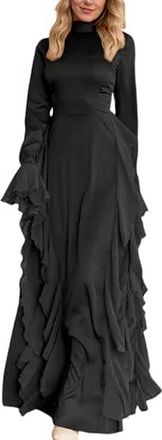 Generic Robe amincissante d&eacute;contract&eacute;e &agrave; manches &eacute;vas&eacute;es avec col rond et taille haute pour une &eacute;l&eacute;gance, Noir, XXL