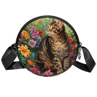 Generic Petit sac &agrave; bandouli&egrave;re rond pour femme, motif fleurs de chat, sac &agrave; dos avec fermeture &eacute;clair, bretelles r&eacute;glables, sac &agrave; main rond d&eacute;contract&eacute; pour 