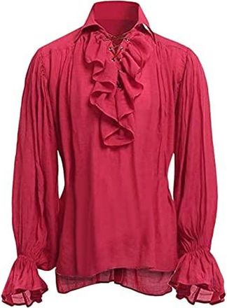 Generic Chemise de pirate pour homme - Chemise à volants - Chemise médiévale - Chemise à lacets - Chemise gothique - Manches longues - Costume Renaissance Vik