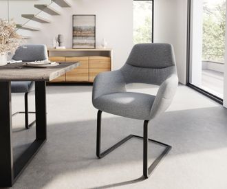 DELIFE Freischwinger Yago-Flex mit Armlehnen Strukturstoff Hellgrau Freischwinger flach Schwarz Taschenfederkern, Esszimmerst&uuml;hle