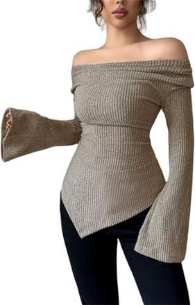 Generic Y2K Bell Haut &agrave; manches longues et &eacute;paules d&eacute;nud&eacute;es pour femme - Asym&eacute;trique - Tricot c&ocirc;tel&eacute; ajust&eacute; - Pull de travail d&eacute;contract&eacute;, kaki, XXL