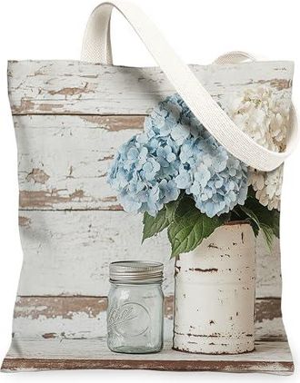 Generic Sac fourre-tout en toile avec motif floral dhortensia printanier pour le shopping, 33 x 38,1 cm, motif floral rustique, sac d&eacute;picerie r&eacute;utilisable, sa