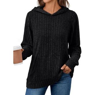 Generic Sweat à capuche en tricot avec poche kangourou pour femme, pull ample décontracté à manches longues, Noir, XXL