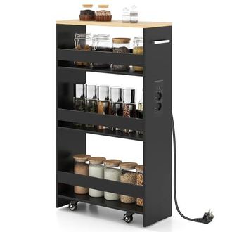 Costway GIANTEX Chariot de Rangement 20 cm Large avec Mltiprise, Ports USB & Type-C, Desserte &agrave; roulettes 4 Niveaux avec Poign&eacute;e, Meuble Cuisine pour Salle de