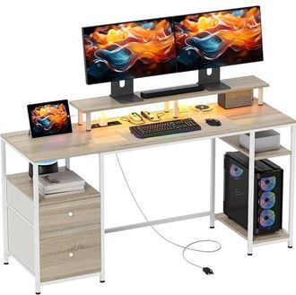 HOMCOM HOMCON Bureau dordinateur avec lumi&egrave;res LED r&eacute;glables, 155,5 x 48 cm, Bureau avec 2 Prises, Ports USB, tiroirs, &eacute;tag&egrave;res et Support de Moniteur, Table