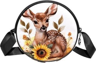 Generic Sac &agrave; bandouli&egrave;re rond pour femme, motif cerf, tournesol, petit sac &agrave; bandouli&egrave;re avec fermeture &eacute;clair, bretelles r&eacute;glables, sac &agrave; main rond d&eacute;contra