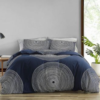 Marimekko Bettbezug-Set, Glatte Baumwoll-Perkal-Bettwäsche mit passendem Kissenbezug, leichte Wohnkultur, 3-teilig, Queen-Size-Bett, Marineblau