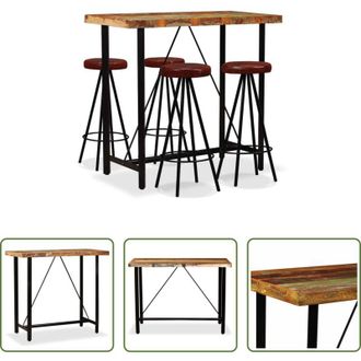 vidaXL Barstuhl - 5-tlg. Bar-Set Altholz Massiv und Echtleder