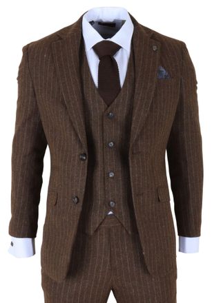 TruClothing Brauner 3-teiliger Slim Fit-Anzug f&uuml;r Herren mit Nadelstreifen