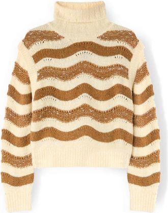 Motivi Femme, Pulls, Brun, Taille: 42 FR Pull &agrave; Col Roul&eacute; Ray&eacute; en Tricot Lourd