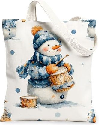 Generic Sac fourre-tout en toile motif bonhomme de neige, mignon personnage dhiver, sac de courses r&eacute;utilisable, festif, l&eacute;ger et lavable, pour voyage, plage,