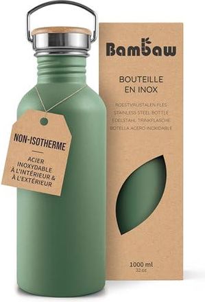 Bambaw Bouteille deau en acier inoxydable - Non isol&eacute;e, r&eacute;utilisable, vert sauge/gris
