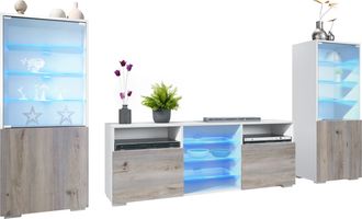 Vladon Wohnwand Granada, Anbauwand bestehend aus 2 Vitrinen und 1 TV-Board, Weiß matt/Eiche Nordic inkl. LED-Beleuchtung (286 x 122,5 x 35 cm)