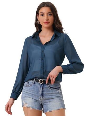 Allegra K Hauts Transparents en Maille pour Chemise boutonn&eacute;e &agrave; Manches Longues et col Pointu pour Femme Bleu Fonc&eacute; XL