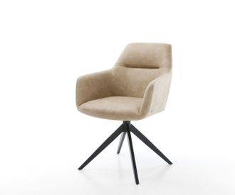 DELIFE Drehstuhl Pejo-Flex Mikrofaser Beige Vintage Kreuzgestell breit Schwarz 360&deg; drehbar Wippfunktion Taschenfederkern, Esszimmerst&uuml;hle