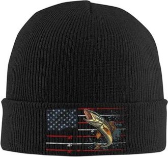 Generic Bonnet Tricot&eacute; P&ecirc;che Au Brochet avec Drapeau Am&eacute;ricain Vintage Mode Casquette De Cr&acirc;ne &Agrave; Revers Extensible Bonnet Thermo pour Sport Ski Randonn&eacute;e