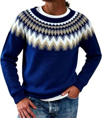 Generic Pull Norv&eacute;gien Femme dhiver Chaud Chic Et &Eacute;l&eacute;gant Pullover Tricot&eacute; Col Rond &Agrave; Manches Longues Sweater Tops Motif Jacquard Hauts Oversize Ample Confort