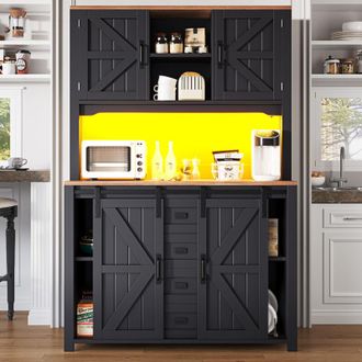 Liberte Buffet haut cuisine 115x40x174.7 cm, meuble rangement, portes coulissantes, LED, 2 tiroirs,Noir