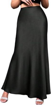 SOLY HUX Jupe longue &eacute;l&eacute;gante en satin pour femme - Jupe d&eacute;t&eacute; r&eacute;tro en satin - Jupe de loisirs - Jupe de f&ecirc;te avec queue de poisson, Noir, XL