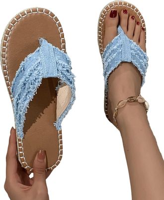 Onsoyours Sandalen Damen Flach Strand Bohemian Sandalen Zehentrenner Freizeit Sommerschuhe Slippers Flip Flop Strandsandalen B Blau 40 EU