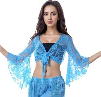 Generic Damen Spitzen Bolero Bauchtanz Oberteil Langarm J&auml;ckchen, Trompeten&auml;rmel Cardigan zum Binden, Karneval Fasching Kost&uuml;m Zubeh&ouml;r, Elegant Durchsichtig S