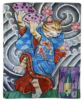 GFM Écharpe dété en soie mélangée dart japonais ou de peinture (JPVSLK), Chat geisha japonais, L
