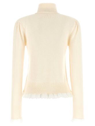 Ganni Merino Wool Turtleneck with Lace Trim Sweater - Cream
