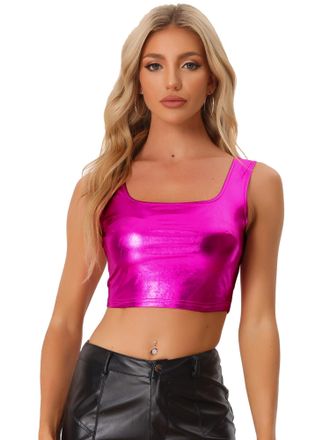 Allegra K Damen Metallic Crop Top Party Tanktop &Auml;rmellos Gl&auml;nzend Club Bauchfrei Oberteil Rose XL