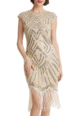 Babeyond Damen Kleid voller Pailletten 20er Stil Runder Ausschnitt Inspiriert von Great Gatsby Kostüm Kleid (S (Fits 68-78 cm Waist & 86-96 cm HIPS), Beige)