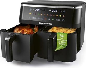 Gourmetmaxx Doppelkammer Heißluftfritteuse - 2 x 4,5 L | Synchro-Garzonen Airfryer | Fritteuse mit LED-Touchscreen, Farb-Icons | Heißluftfritteuse 2 Kammern mit 1