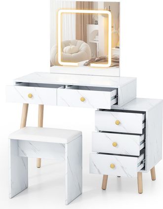 Giantex Schminktisch mit LED-Beleuchtung, Frisiertisch Holz mit piegel, Helligkeitsverstellbar, 5 Schubladen, USB-Steckdose, Moderne Kosmetiktisch mit Gepolst