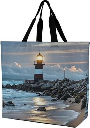 Generic Phare Maritime Sac Fourre-Tout D&eacute;contract&eacute; Sacs De Courses R&eacute;utilisable Sac A Main Femmes Pour Voyage Travail Quotidienne