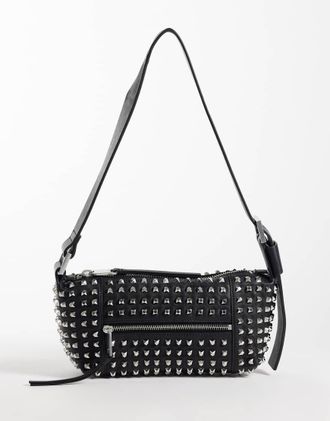 AllSaints Vega - Mini sac bandouli&egrave;re orn&eacute; - Noir/argent&eacute;