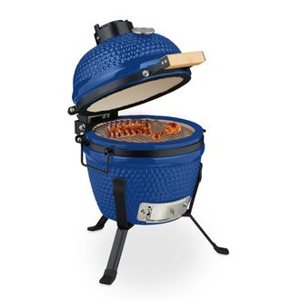 Relaxdays Kamado Grill, &Oslash; 32 cm, Keramikgrill mit Thermometer bis 450&deg;C, BBQ, Grillen, Kochen & Backen, Smoker, blau