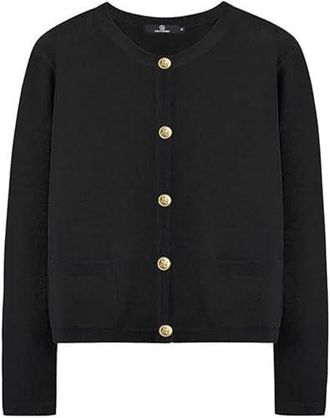 Generic Cardigan ray&eacute; &agrave; col rond pour femme, manches longues en tricot l&eacute;ger avec poches, Noir, XL