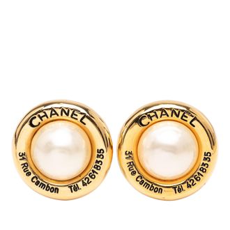 Chanel Faux Pearl Gold Plated Round Clip on Earrings