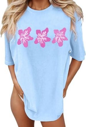 Generic T-shirt pour femme T-shirt Plage T-shirts graphiques surdimensionn&eacute;s pour femmes Baggy Chemises esth&eacute;tiques Hauts de vacances d&eacute;t&eacute;, bleu clair, XXL