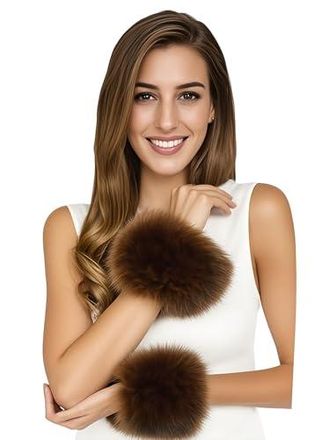 Lina & Lily Poignets dhiver pour femmes - Chauffants en fausse fourrure duveteuse, marron clair, taille unique