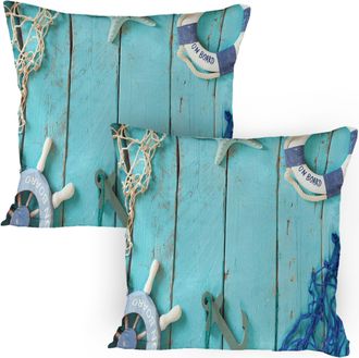 Abakuhaus Nautisch Kissenbezug Packung mit 2, Maritim Freiheit Meer Thema Seestern Anker Seil Hölzerne Hintergrund Foto Muster, Dekorativer Gedruckter Kissenbez