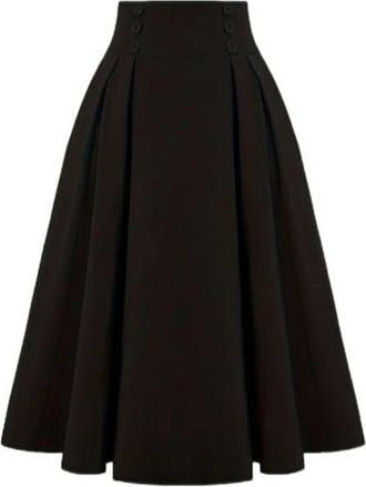 Generic Taille Haute Bouton Femmes Jupe midi pliss&eacute;e Solide r&eacute;tro Vinateg Bureau th&eacute; Jupes &eacute;vas&eacute;es &eacute;t&eacute; Rouge Noir ann&eacute;es 50 60 Jupe Rockabilly-1-XXL