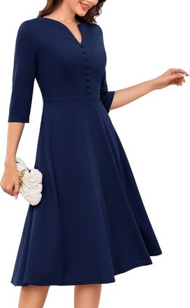 Dresstells Cocktailkleid Damen Hochzeitgast Kirche Kleider mit 3/4 &Auml;rmeln Vintage Swing Langarm Festliche Ballkleid Midi Petticoat Kleid Navy 2XL