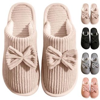Generic Pantoufles dhiver &agrave; enfiler pour femme, confortables et chaudes, chaussures dint&eacute;rieur chics avec noeud et semelle antid&eacute;rapante en EVA, beige, 37 EU
