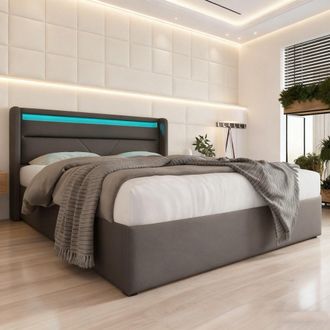 Generic Hydraulisches Stauraumbett 140x200 cm mit LED-Beleuchtung - Graues Polsterbett inkl. Fernbedienung - Doppelbett & Funktionsbett (Grey + PU + 140cm*200