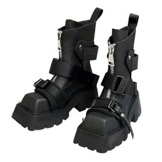 Generic QXDZSW Bottines pour femme avec fermeture &eacute;clair et boucle de ceinture Design Bottes de moto Fond &eacute;pais Semelle antid&eacute;rapante Plateforme, Noir, 36.5 E