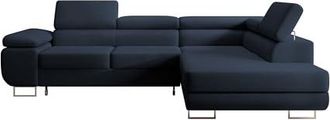 Selsey STEVIL - Ecksofa L-Sofa mit Schlaffunktion, Bettkasten, Ottomane rechts, Veloursbezug Dunkelblau