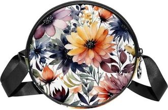 Generic Sac &agrave; bandouli&egrave;re rond pour femme, motif fleurs et feuilles, sac &agrave; dos avec fermeture &eacute;clair, bretelles r&eacute;glables, sac &agrave; main rond d&eacute;contract&eacute; pour fe