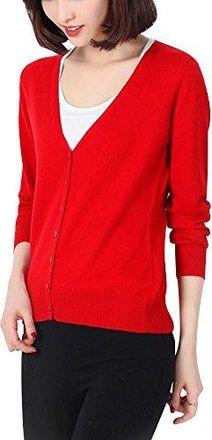 Minetom Femme Casual Cardigan Gilet Basic Col V Manches Longues en Cachemire en Tricot Laine Mélangé Fine Boutonné Différentes Couleurs Rouge FR 46